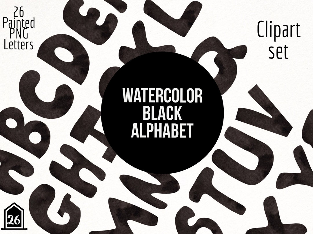 Watercolor Alphabet Clipart- Black Letters Clipart- Alphabet PNG ...