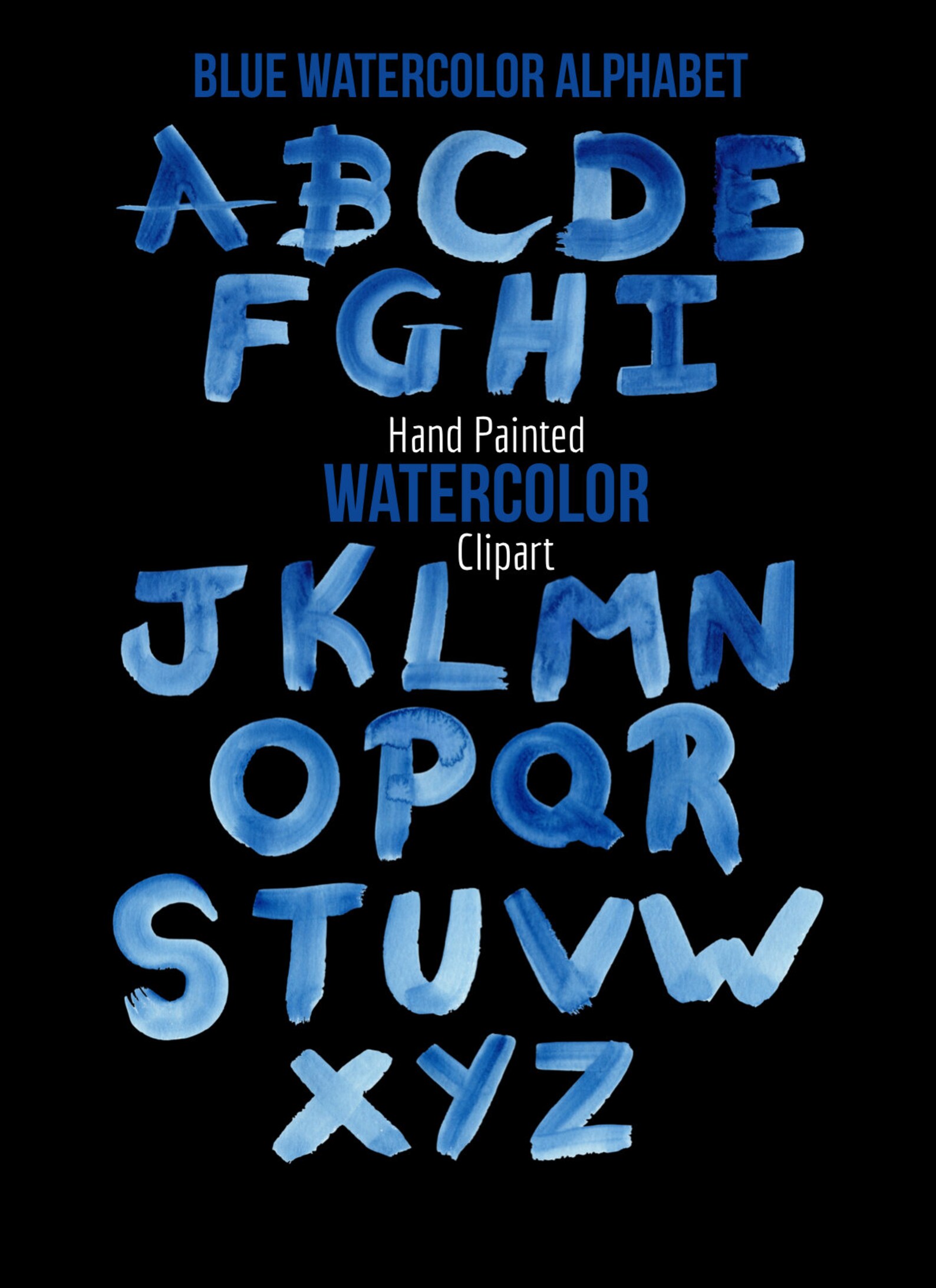Blue Watercolor Alphabet Letters- Hand Painted Alphabet Clipart ...