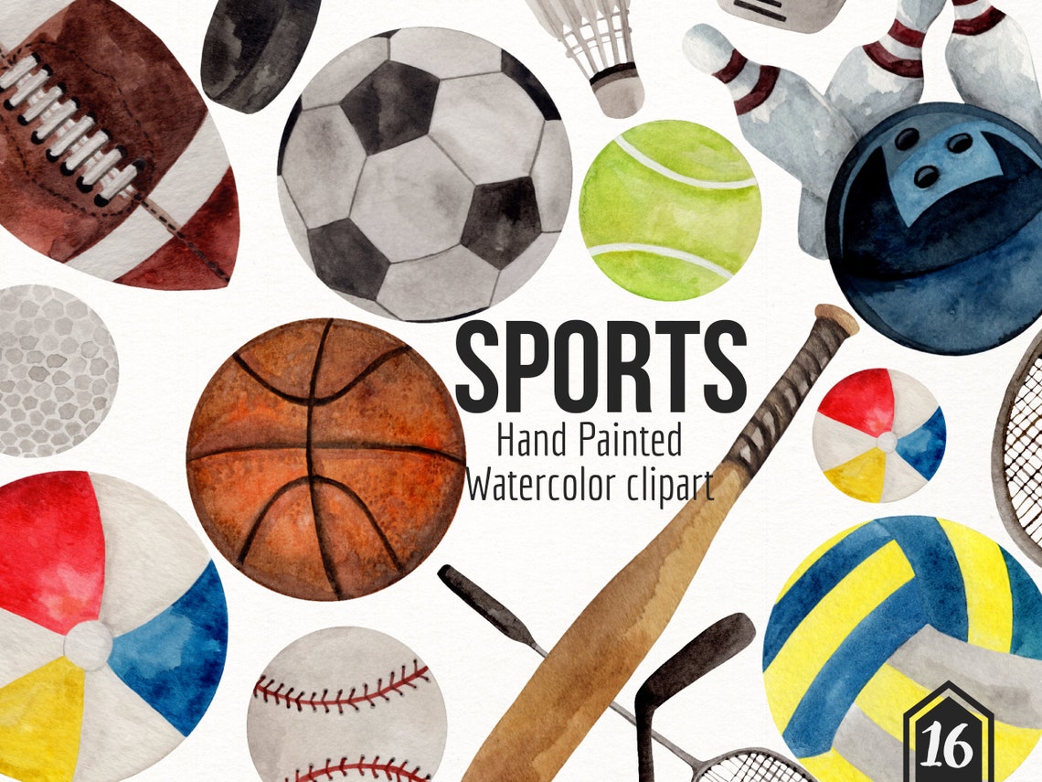 Watercolor Sports Clipart- Sports Equipment- High Resolution- Football ...