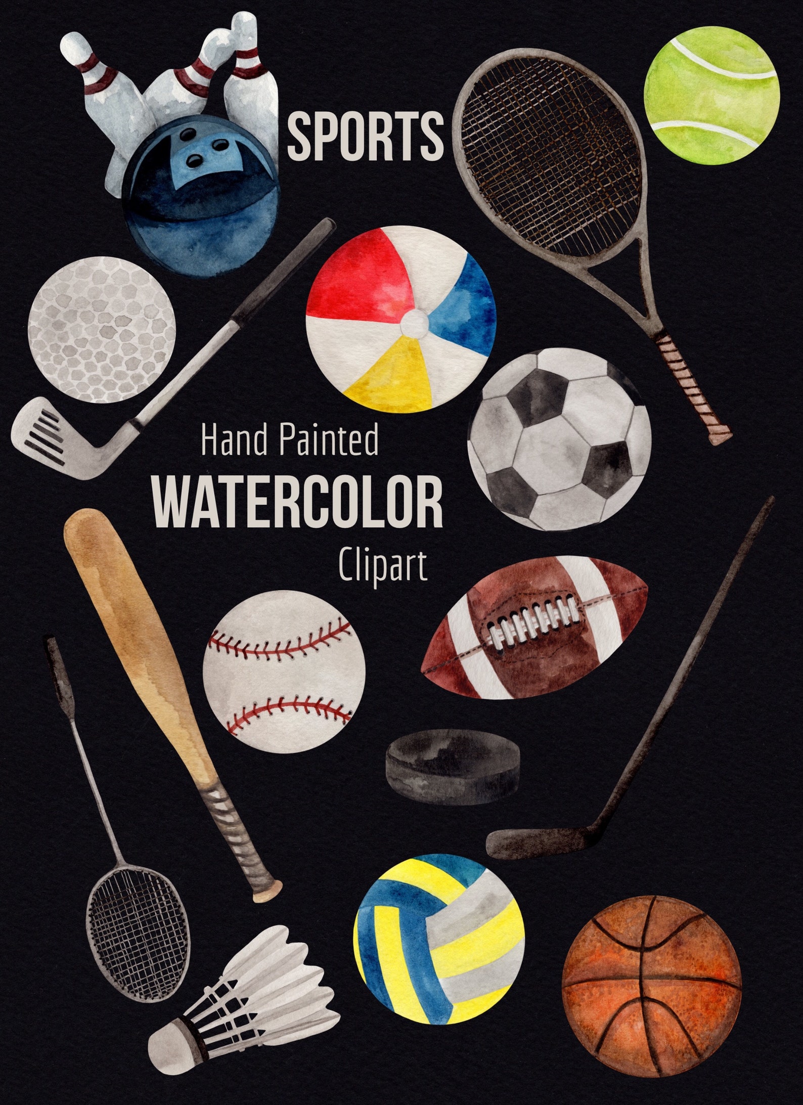 Watercolor Sports Clipart- Sports Equipment- High Resolution- Football ...