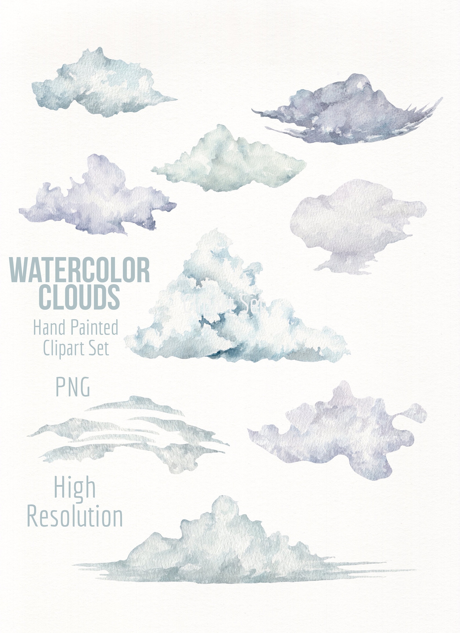 Watercolor Clouds Clipart- Hand Painted Clipart Set- High Resolution ...