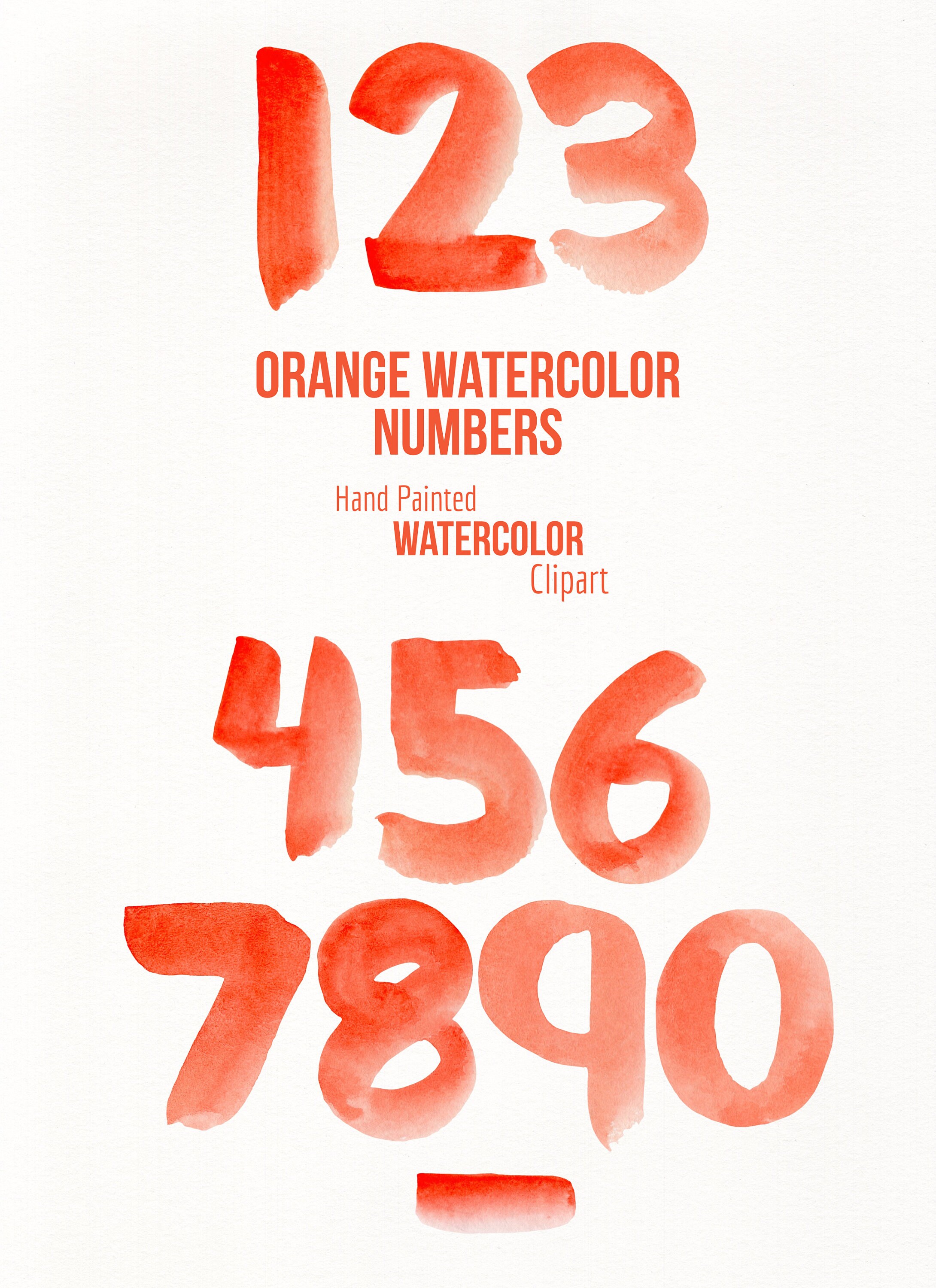 Orange Watercolor Numbers Clipart- Hand Painted Watercolor Graphics ...