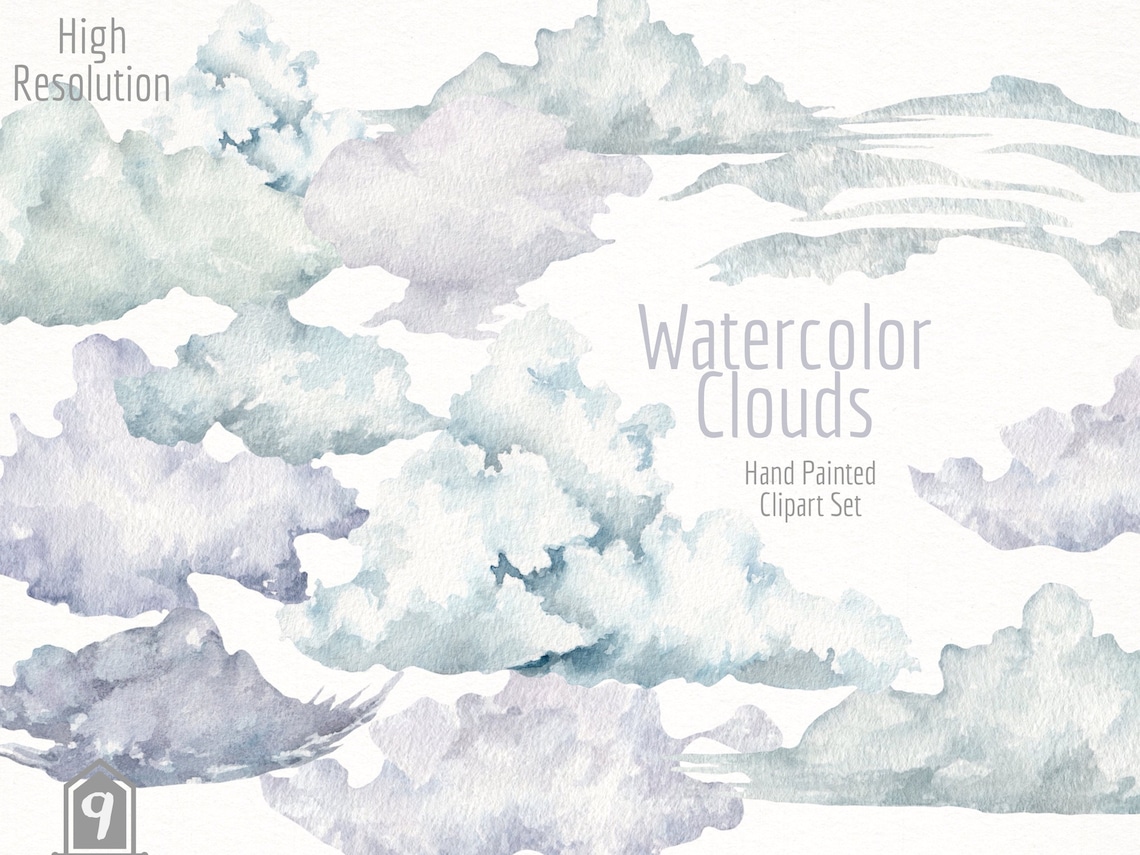 Watercolor Clouds Clipart- Hand Painted Clipart Set- High Resolution ...