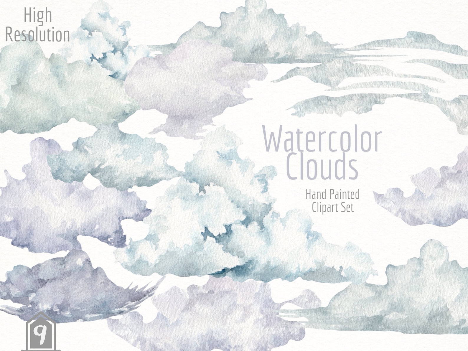 Watercolor Clouds Clipart- Hand Painted Clipart Set- High Resolution ...