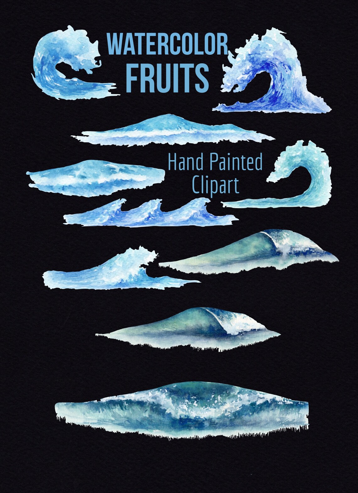 Blue Watercolor Waves Clipart- Hand Painted Waves- Ocean Clipart- Sea ...