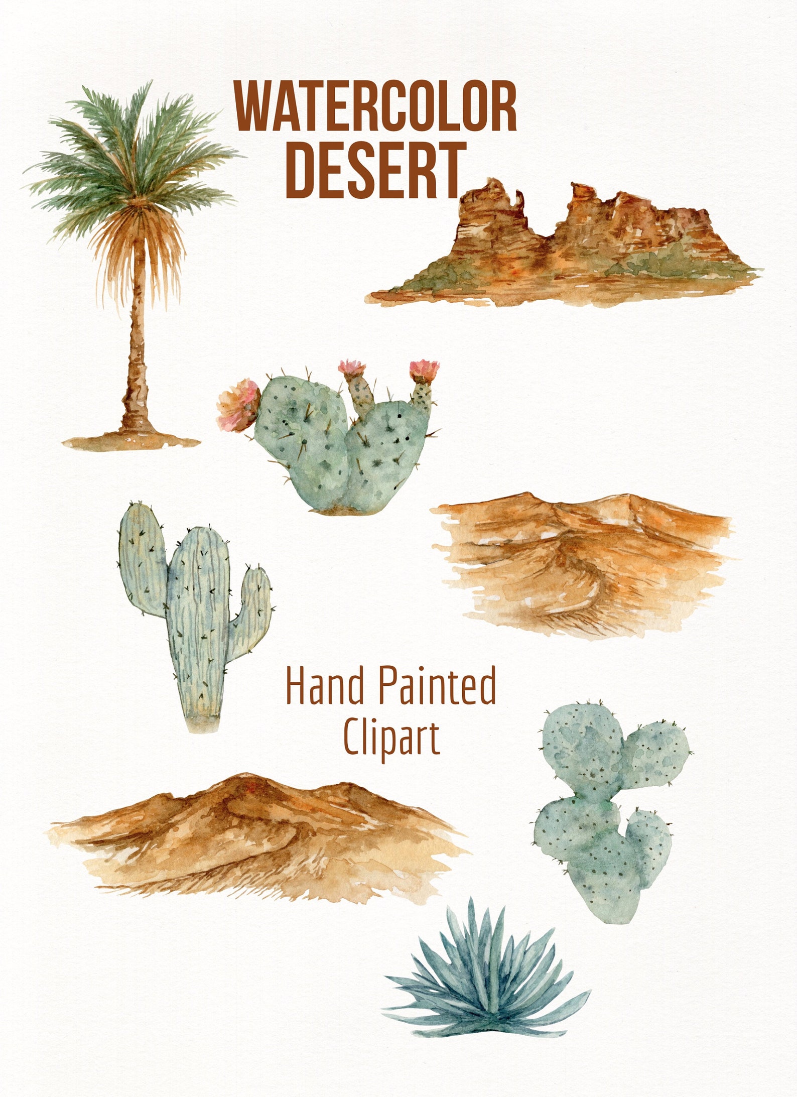 Watercolor Desert Clipart- Cactus Clipart- Hand Painted Sand Dunes ...