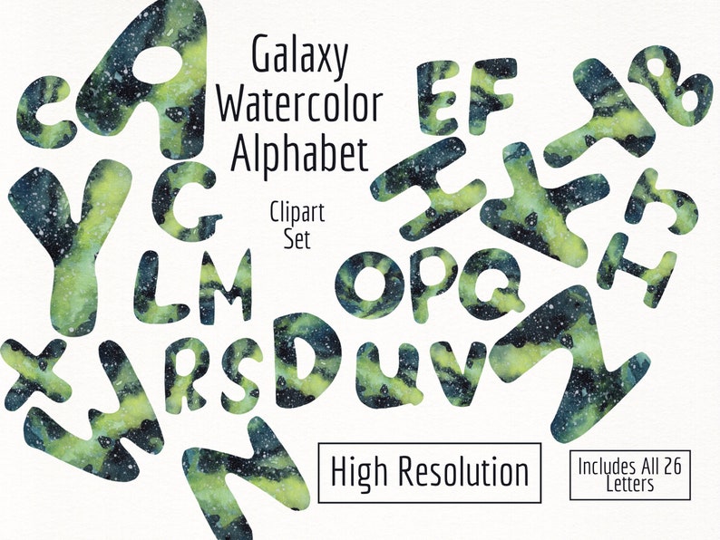 Watercolor Galaxy Alphabet Clipart- Painted Galaxy Letters- High ...
