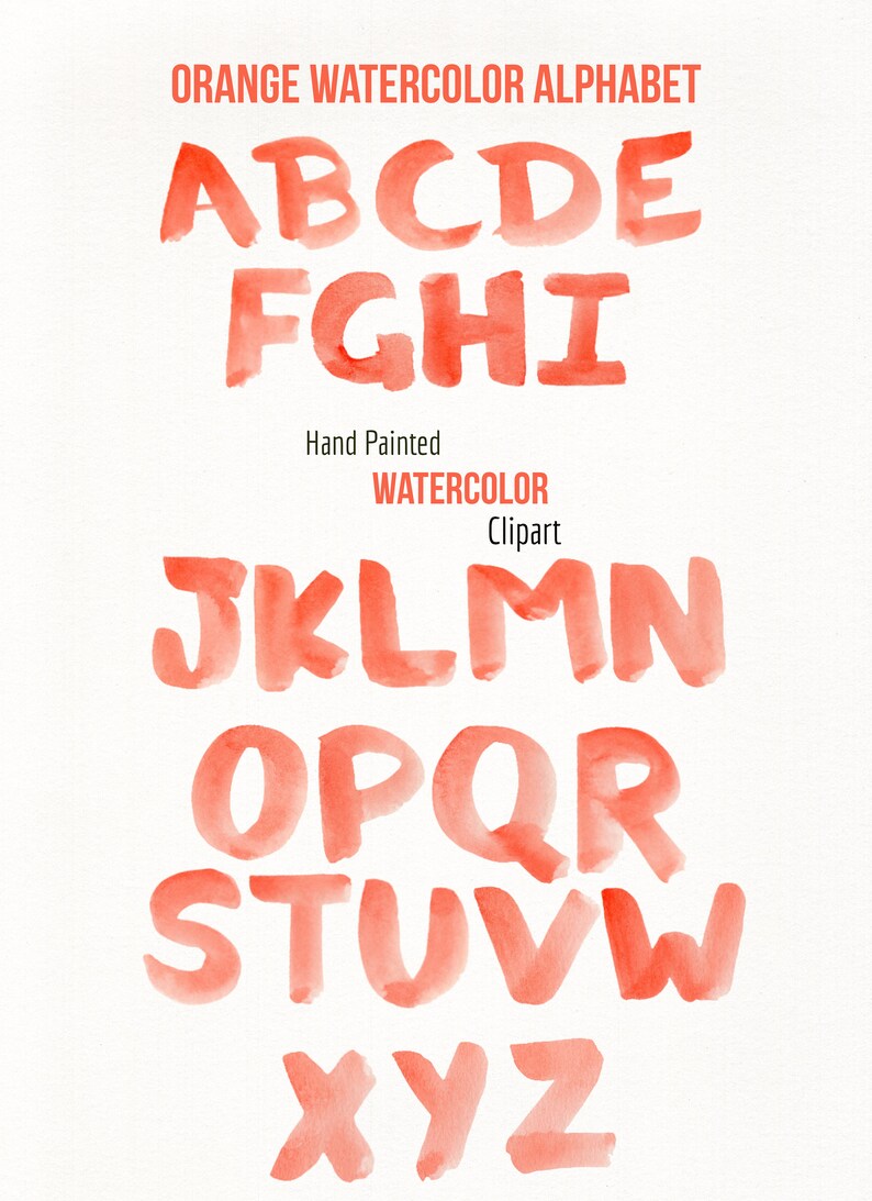 Orange Watercolor Alphabet Letters- Hand Painted Alphabet Clipart ...