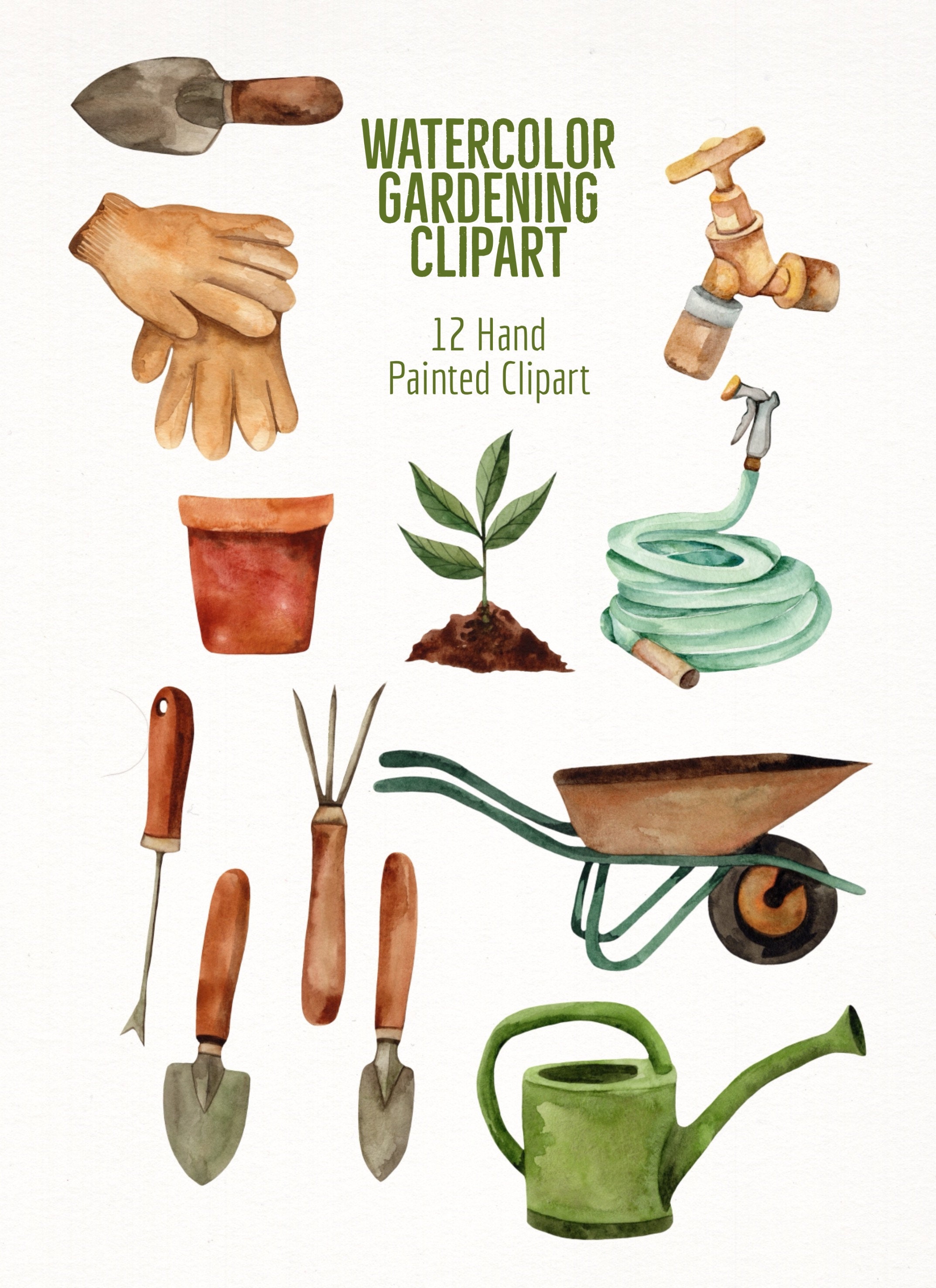 Watercolor Gardening Clipart- Hand Painted Gardening Tools PNG- Spring ...
