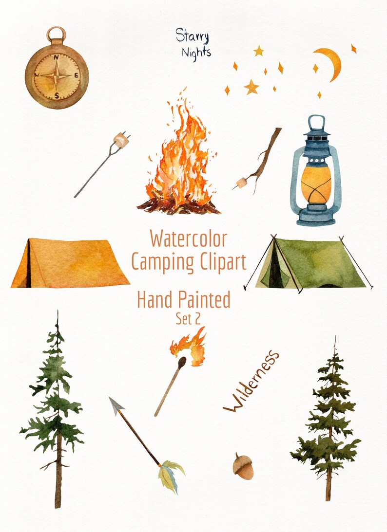 Watercolor Camping Clipart- Hand Painted Clipart Set- Camping Graphics ...