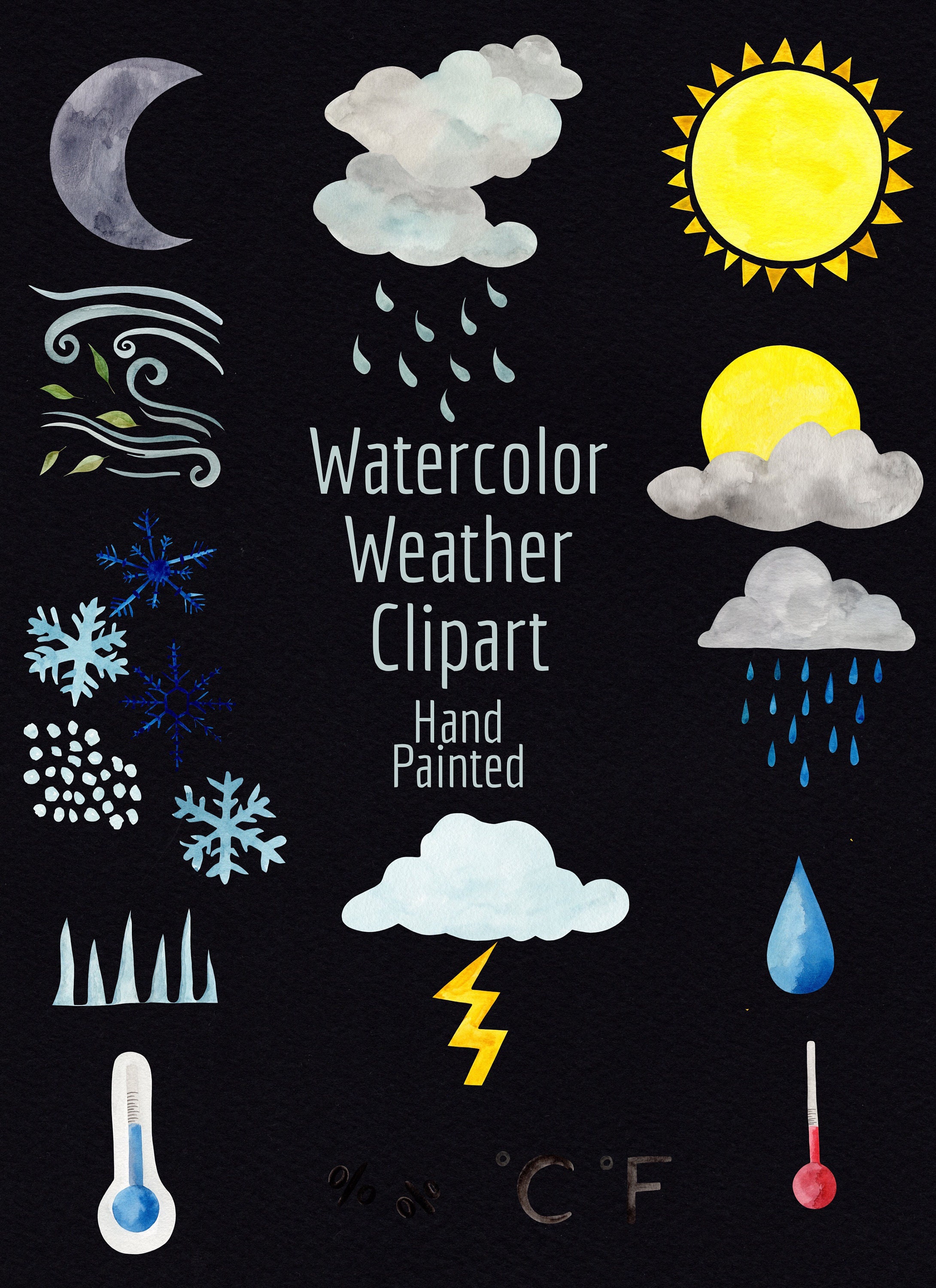 Watercolor Weather Clipart- Hand Painted Weather Clipart- Climate ...