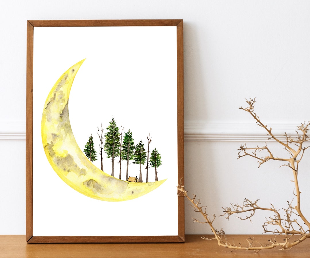 Printable Watercolor Yellow Moon Crescent Outdoorsy Art- Hand Painted ...
