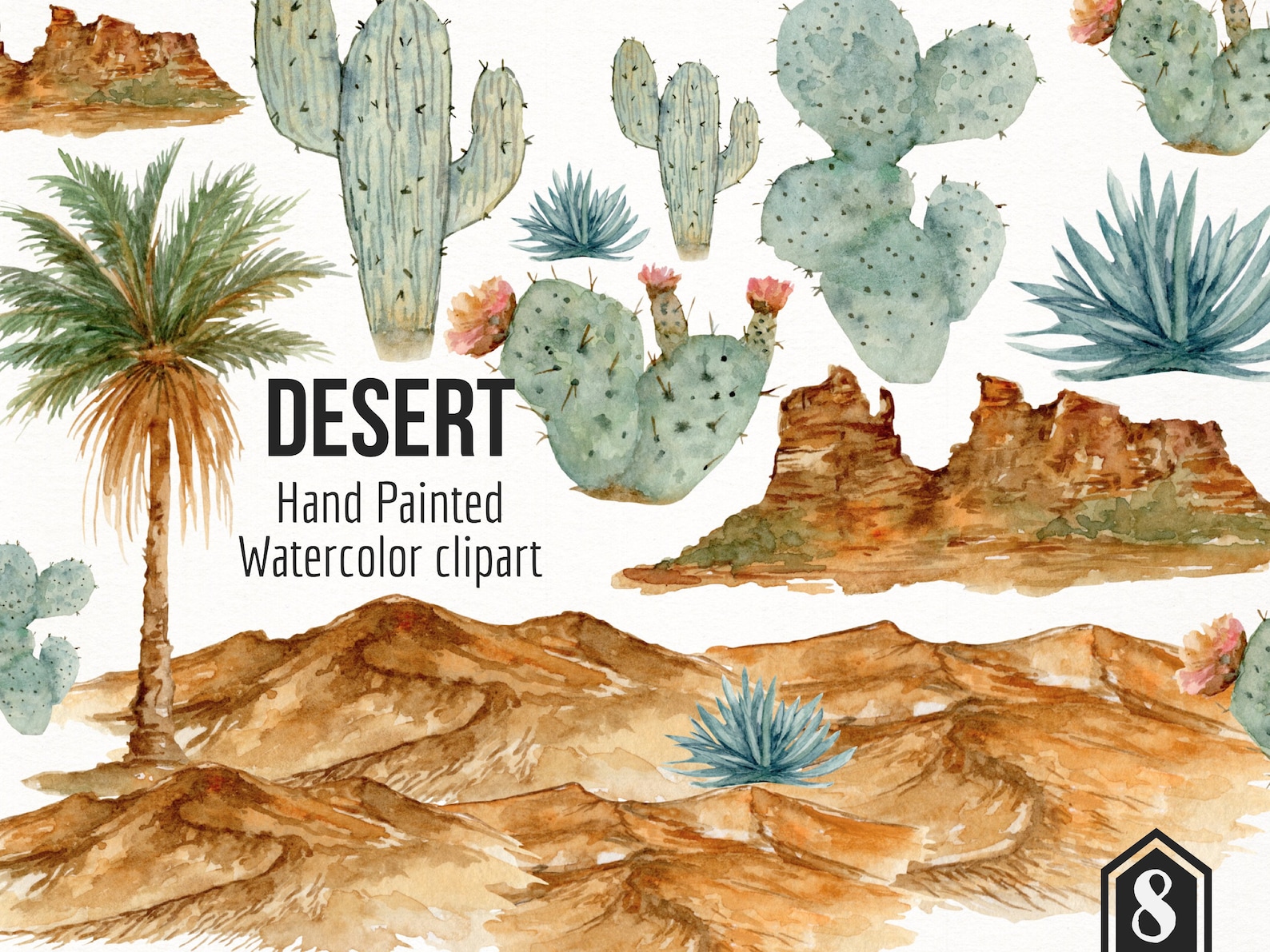 Watercolor Desert Clipart- Cactus Clipart- Hand Painted Sand Dunes ...