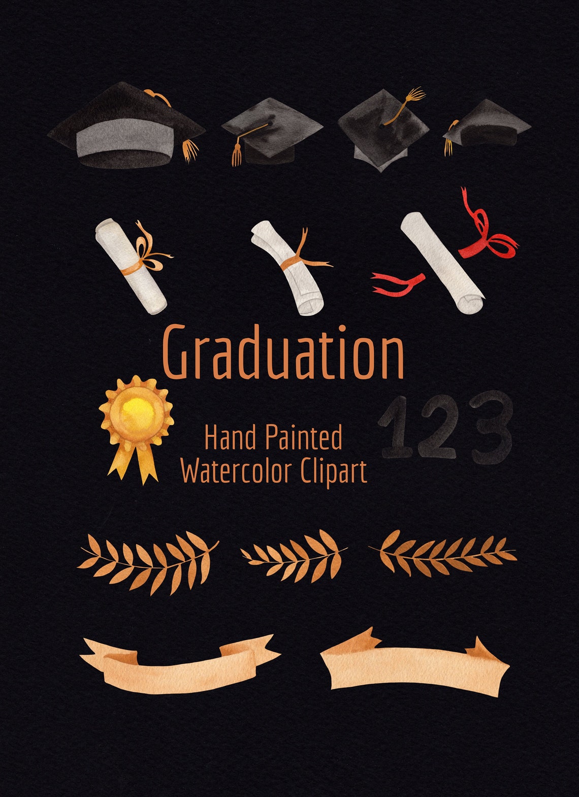Watercolor Graduation Clipart- Hand Painted Graduation Clipart ...