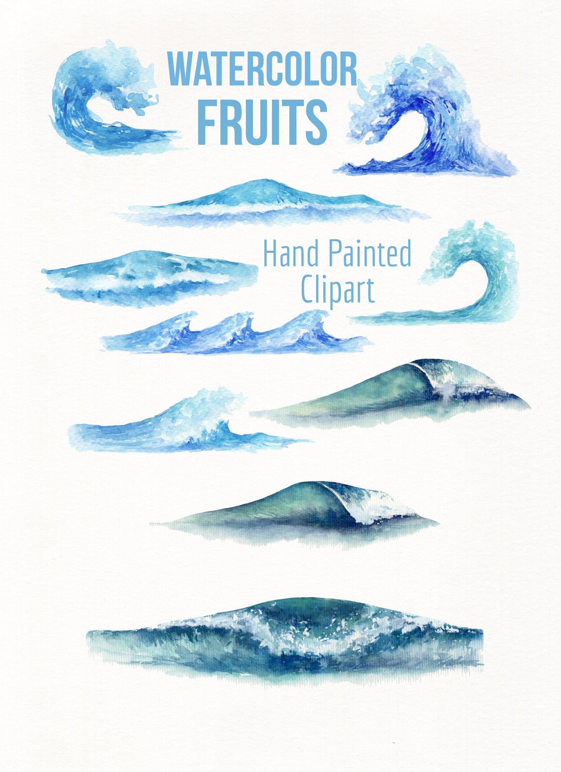 Blue Watercolor Waves Clipart- Hand Painted Waves- Ocean Clipart- Sea ...