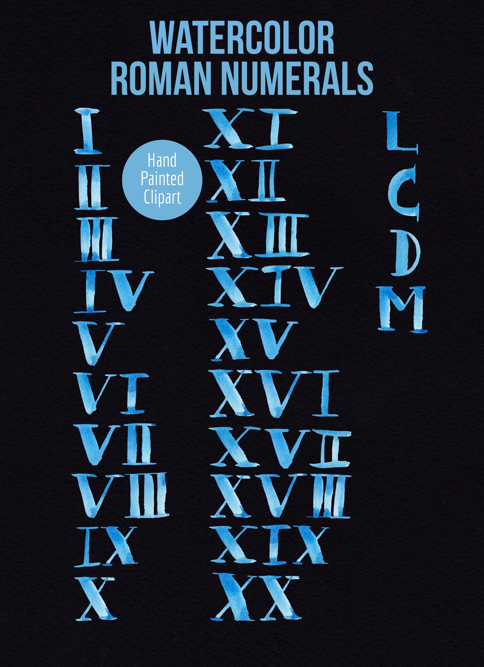 Watercolor Roman Numerals- Blue Watercolor Numbers- Hand Painted ...