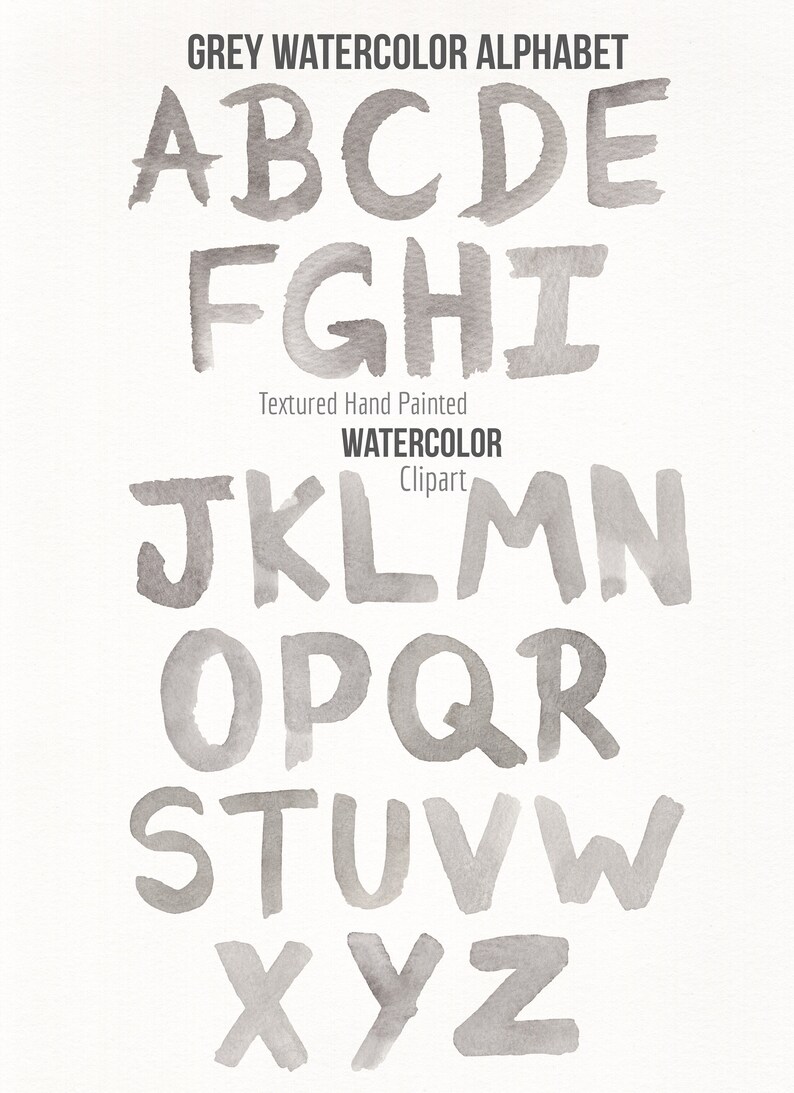 Grey Watercolor Alphabet Letters- Hand Painted Alphabet Clipart ...