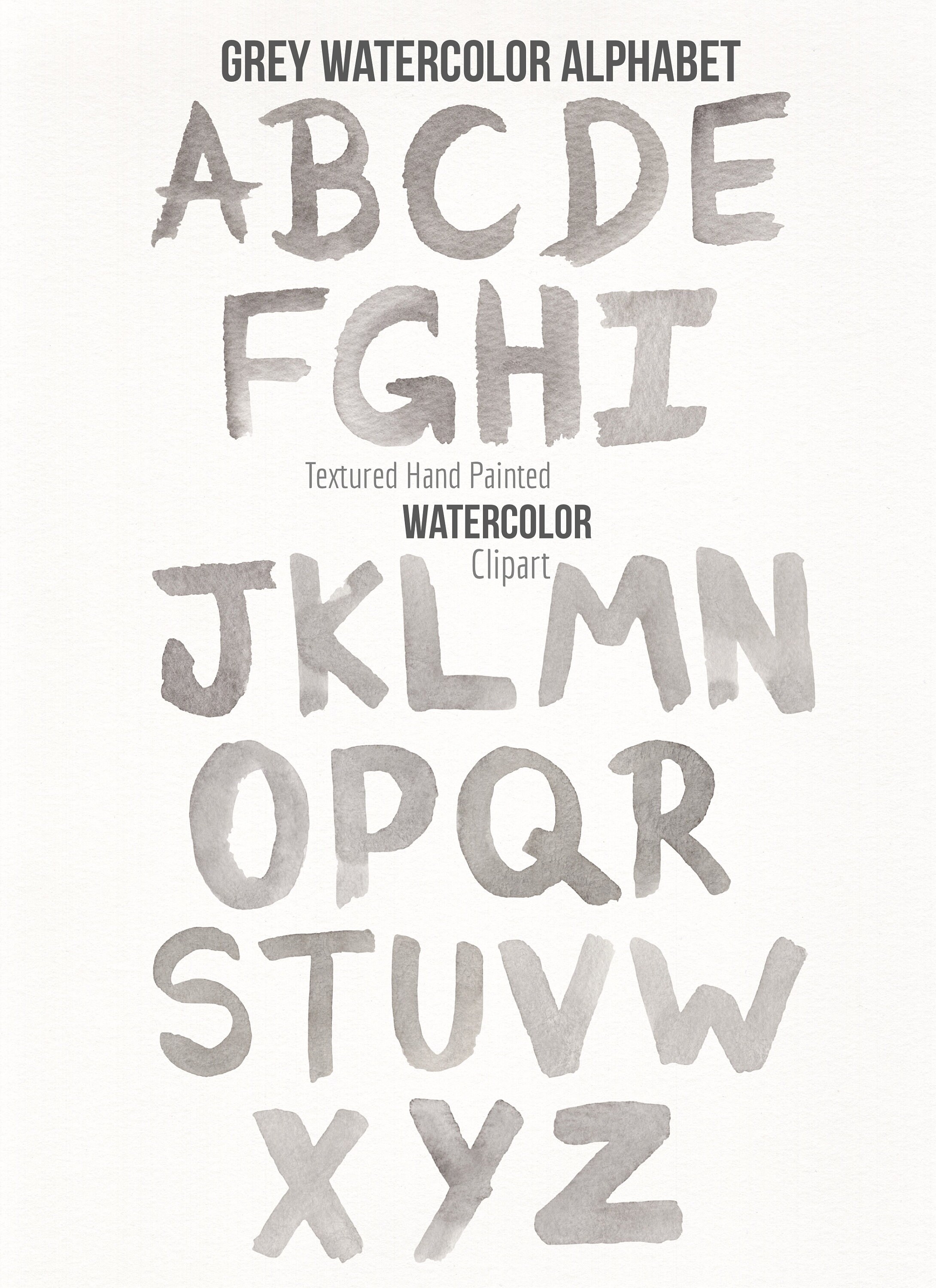 Grey Watercolor Alphabet Letters- Hand Painted Alphabet Clipart ...