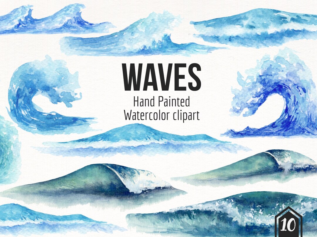 Blue Watercolor Waves Clipart- Hand Painted Waves- Ocean Clipart- Sea ...