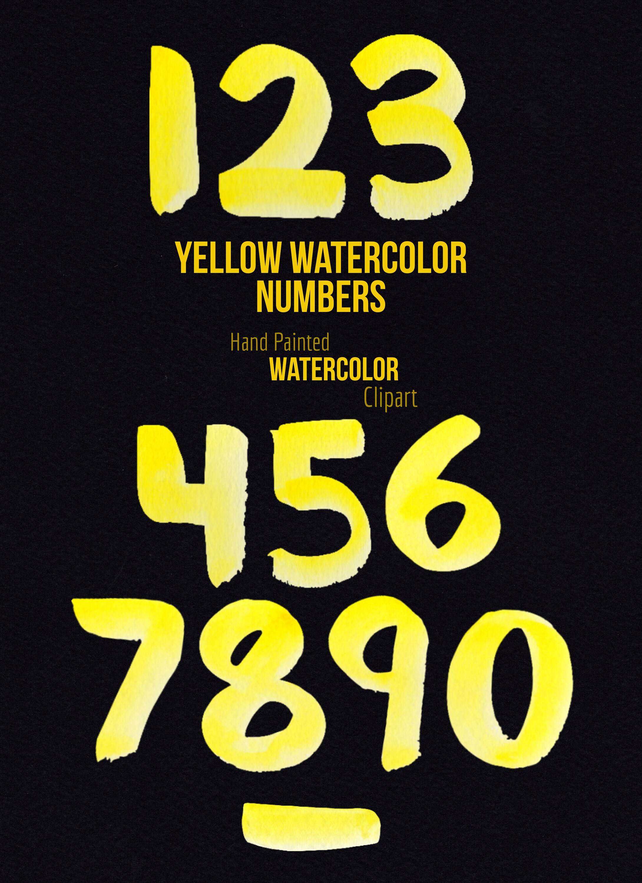 Watercolor Numbers Clipart- Yellow Numbers - Numbers Clipart- Numbers ...