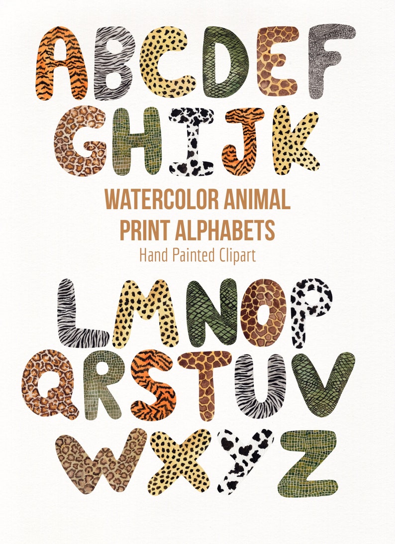 Animal Print Watercolor Alphabets- Animal Alphabets Clipart- Zoo ...