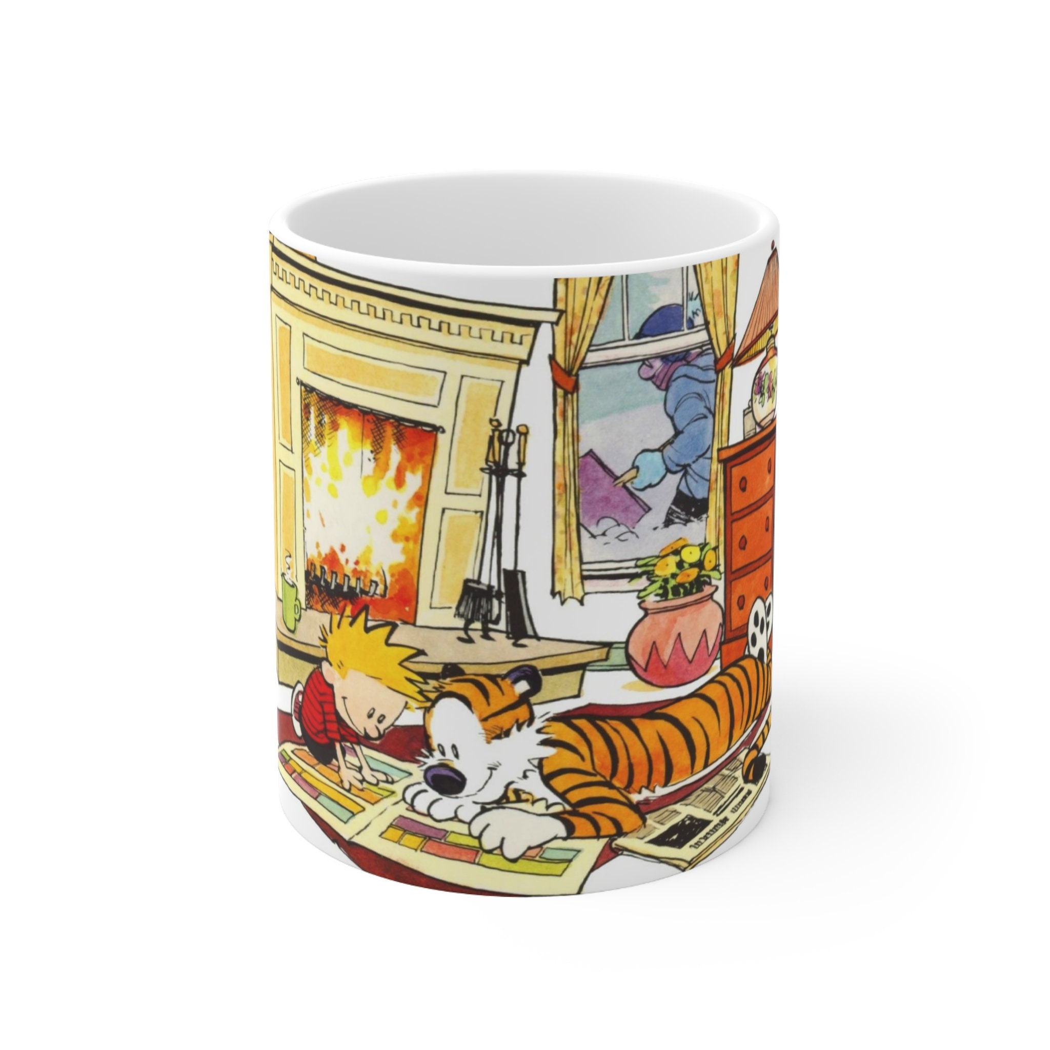 Calvin and Hobbes Reading Comic Strips at Home by the Fireplace Ceramic ...