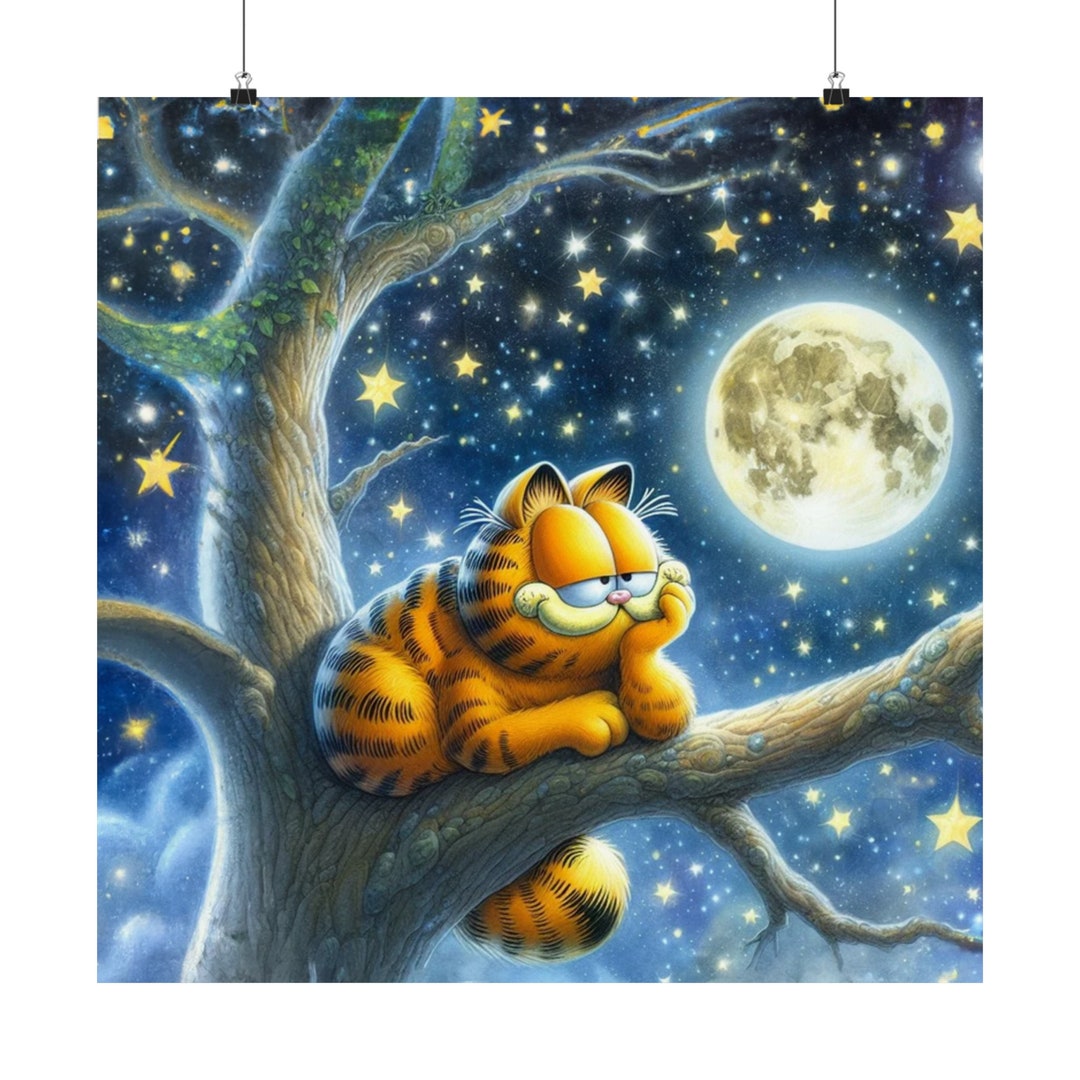 Vintage Garfield on Tree Looking at the Celestial Full Moon Light and ...
