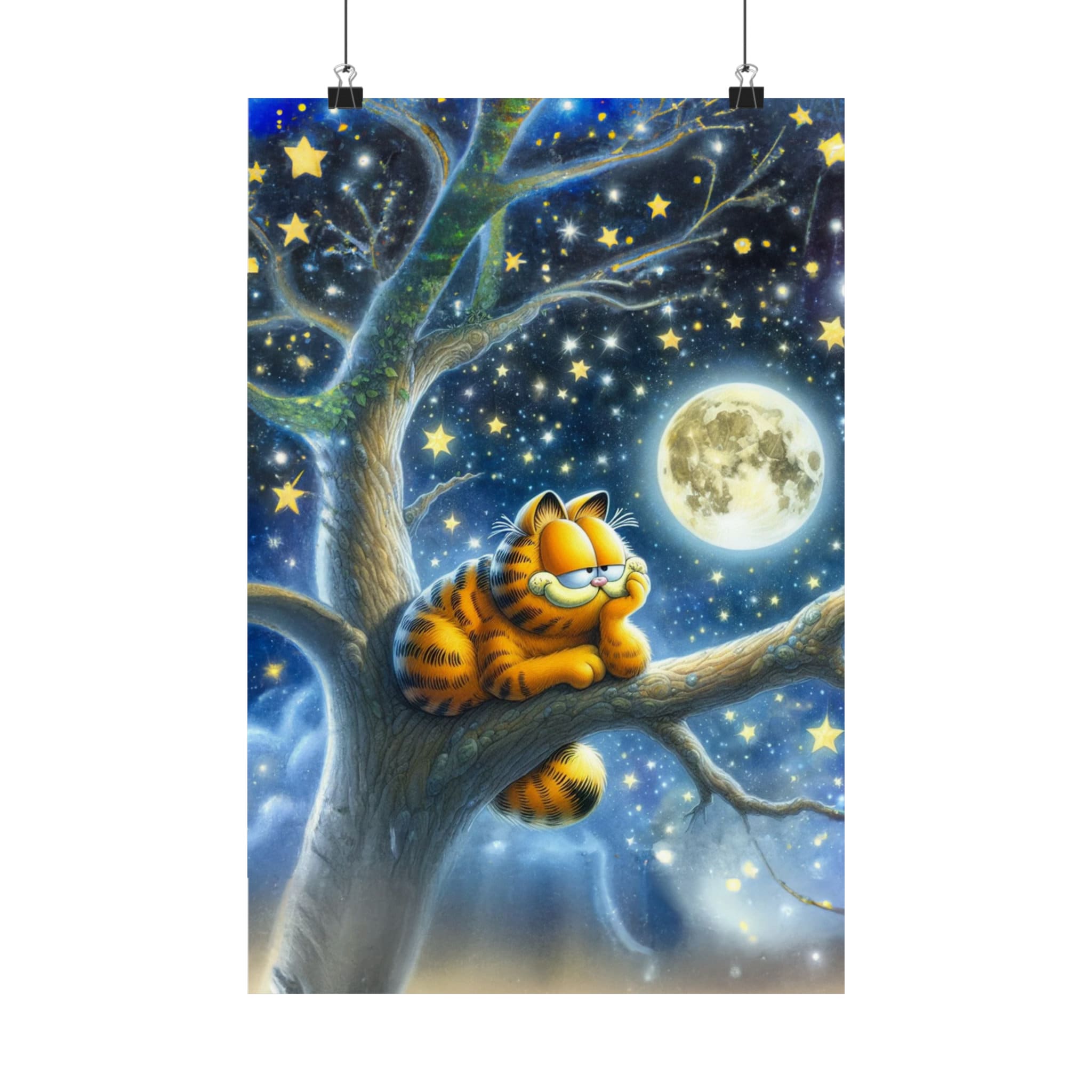 Vintage Garfield on Tree Looking at the Celestial Full Moon Light and ...