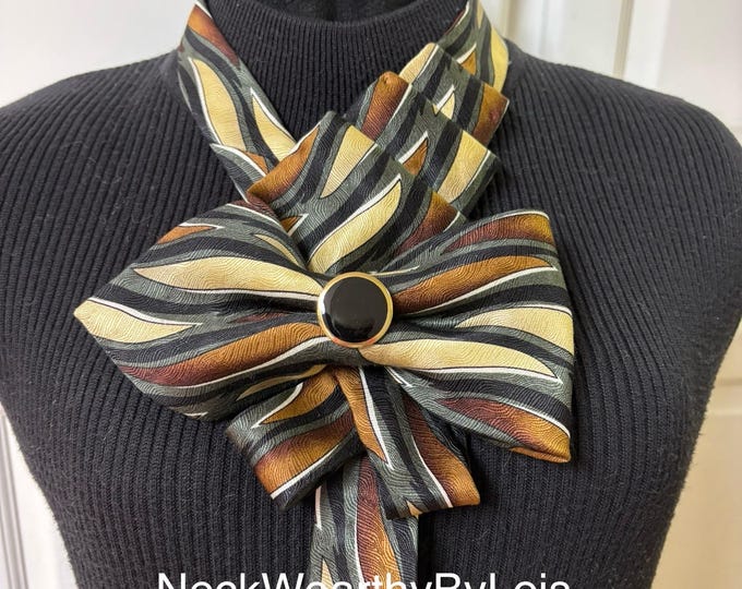 Brown and Cream Silk Necktie Scarf Bow Necklace, Adjustable Repurposed ...