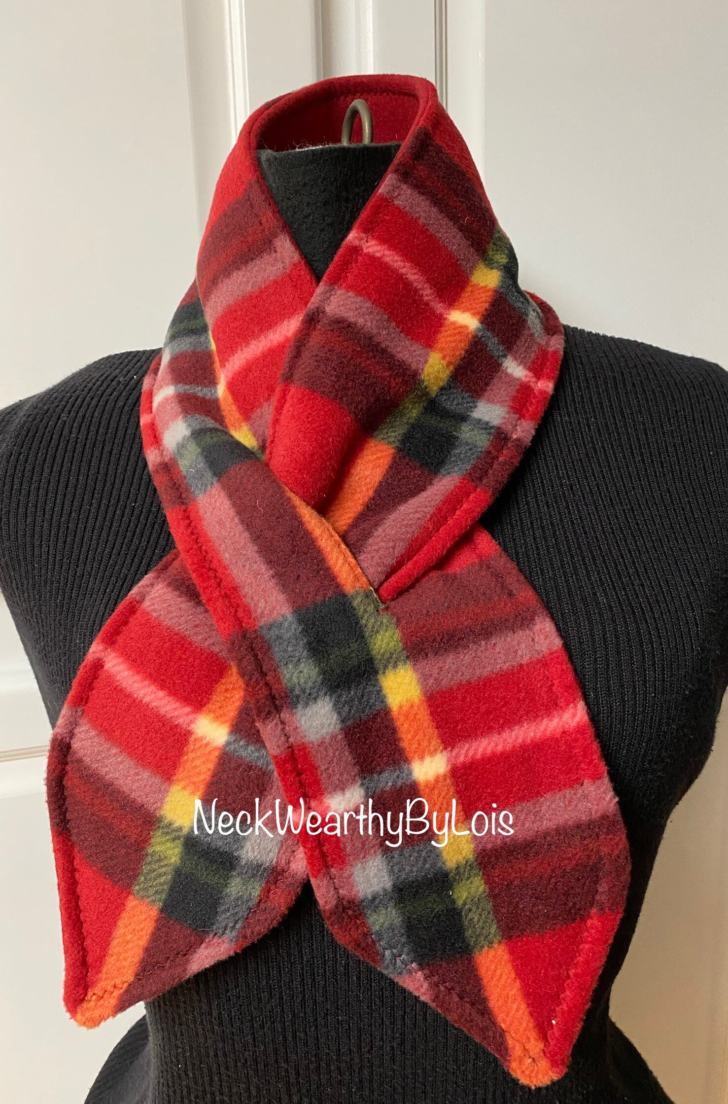 Fleece Reversible Red Plaid With Red Solid Neck Warmer Scarf, Keyhole ...