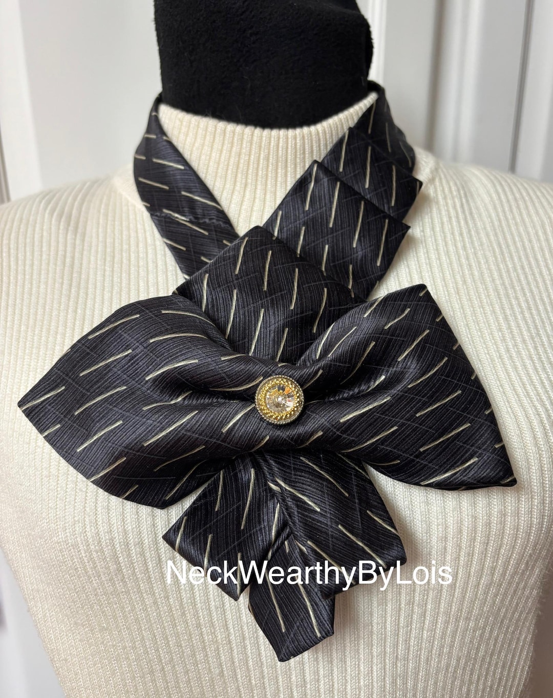 Black and Gold Repurposed Silk Necktie Bow, Adjustable Statement ...