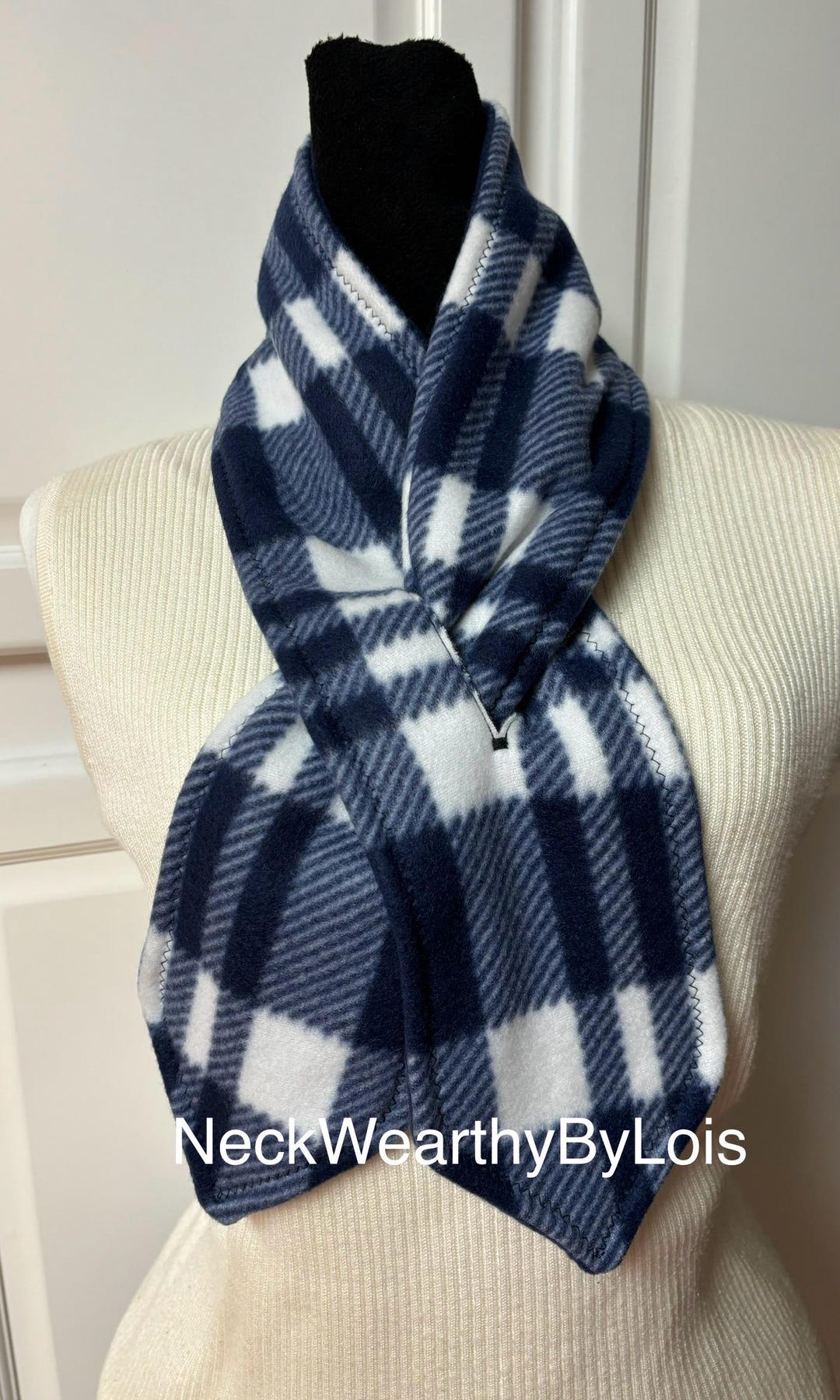 Blue Fleece Scarf, Reversible With Navy Blue Solid, Pull-through Short ...