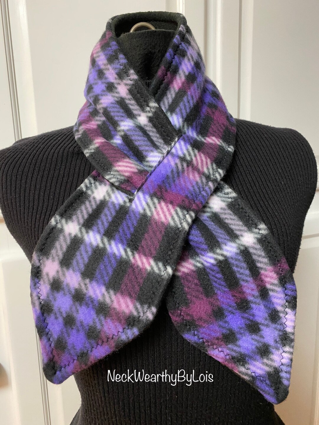 Reversible Neck Warmer Scarf, Purple Plaid With Black Solid, Warm Pull ...