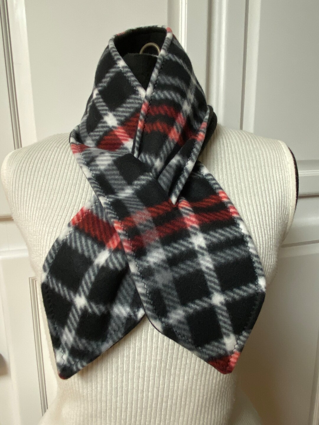 Black Red Plaid Fleece Scarf, Reversible W Black Solid, Pull-through ...