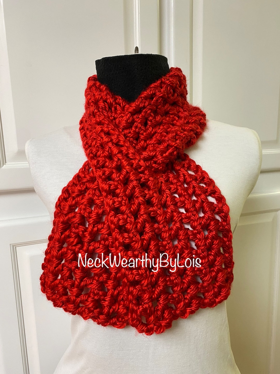 Red Crochet Scarf, Handmade Keyhole Pull-through Short 3-season Scarf ...