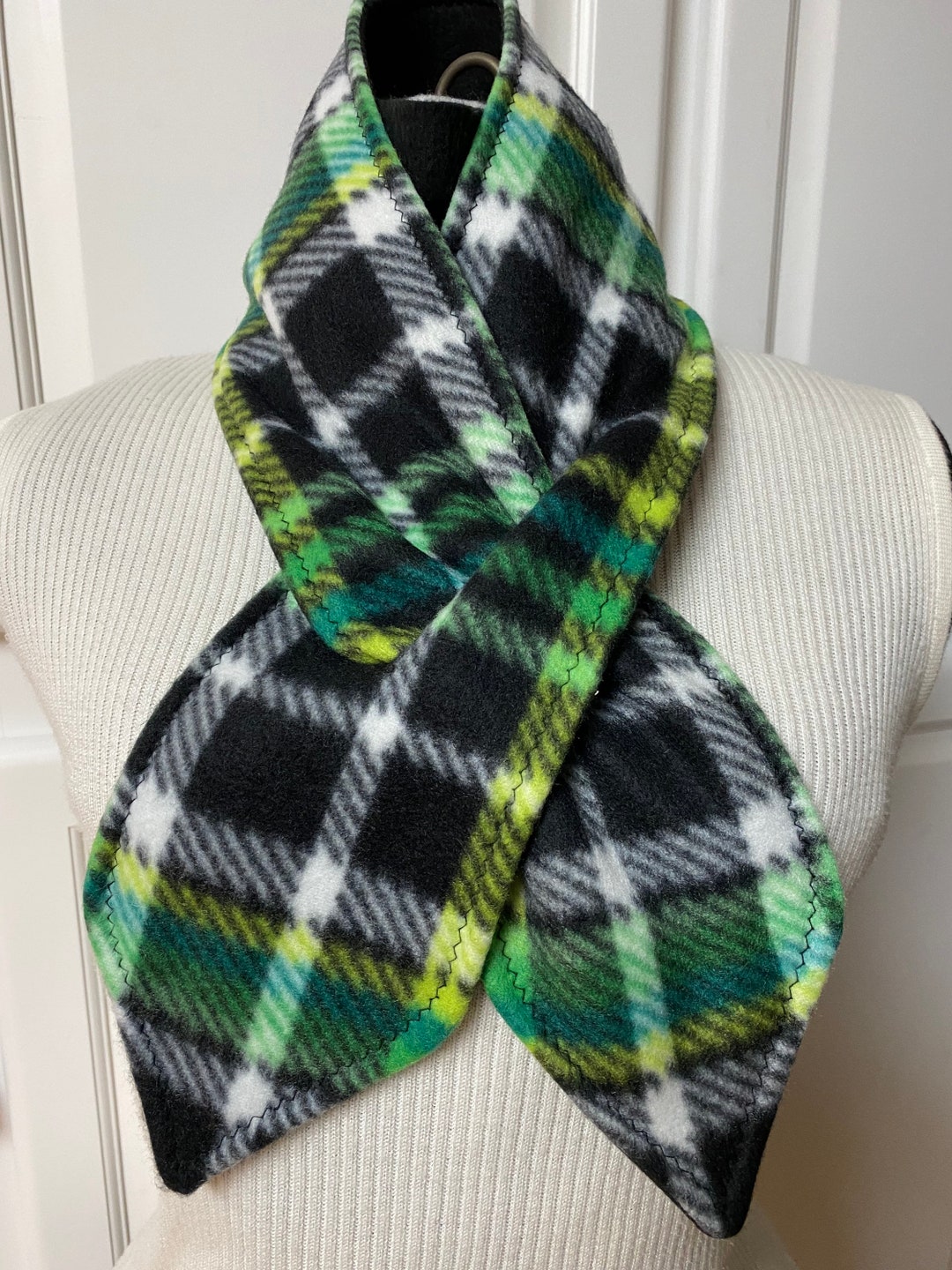 Green Yellow Plaid Fleece Scarf, Reversible With Black Solid, Warm Pull ...