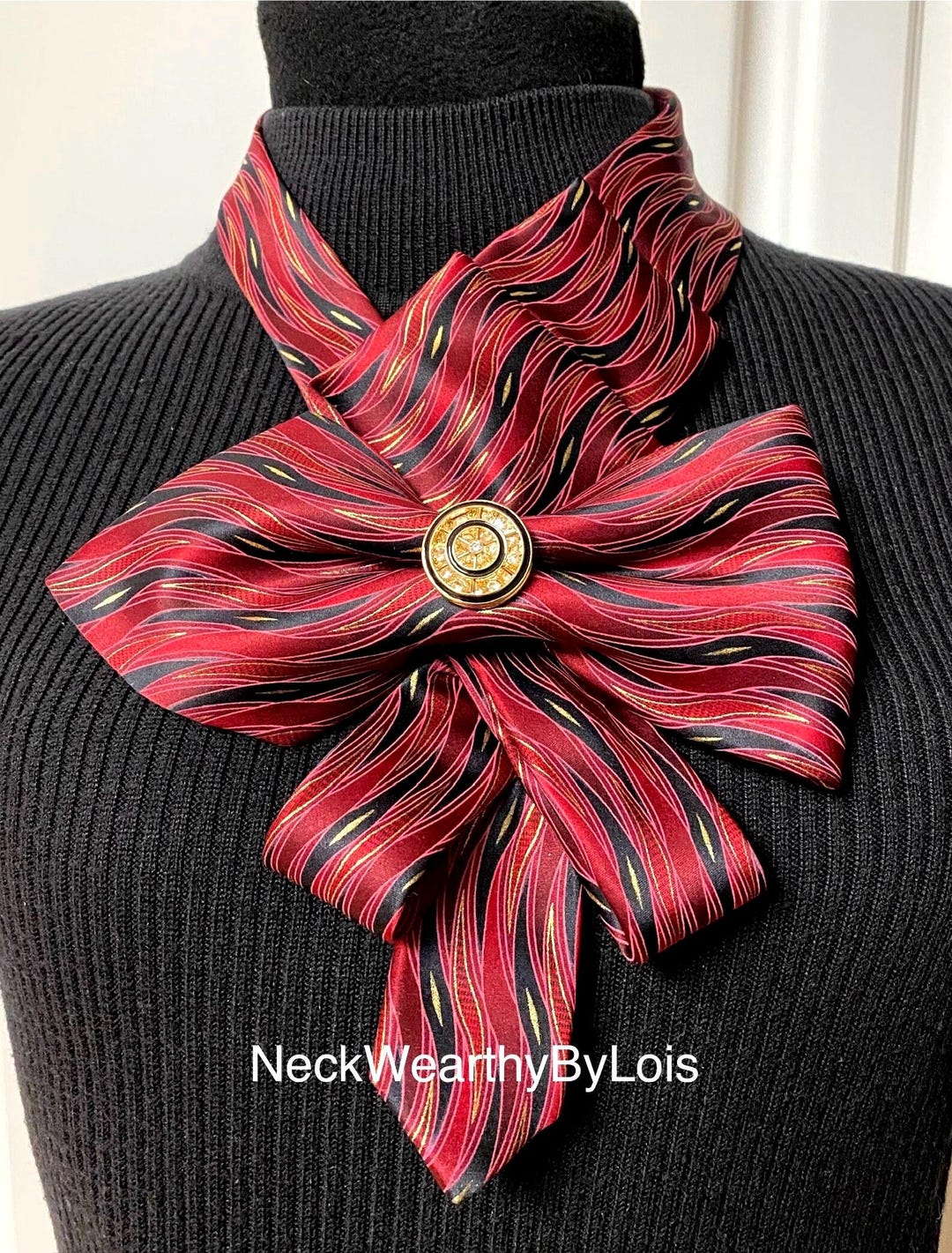 Red, Black, Gold Bow Necklace, Repurposed Silk Necktie, Adjustable ...