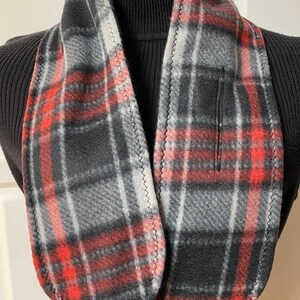 Short Fleece Scarf, Reversible Red Gray Black With Black Solid, Warm ...