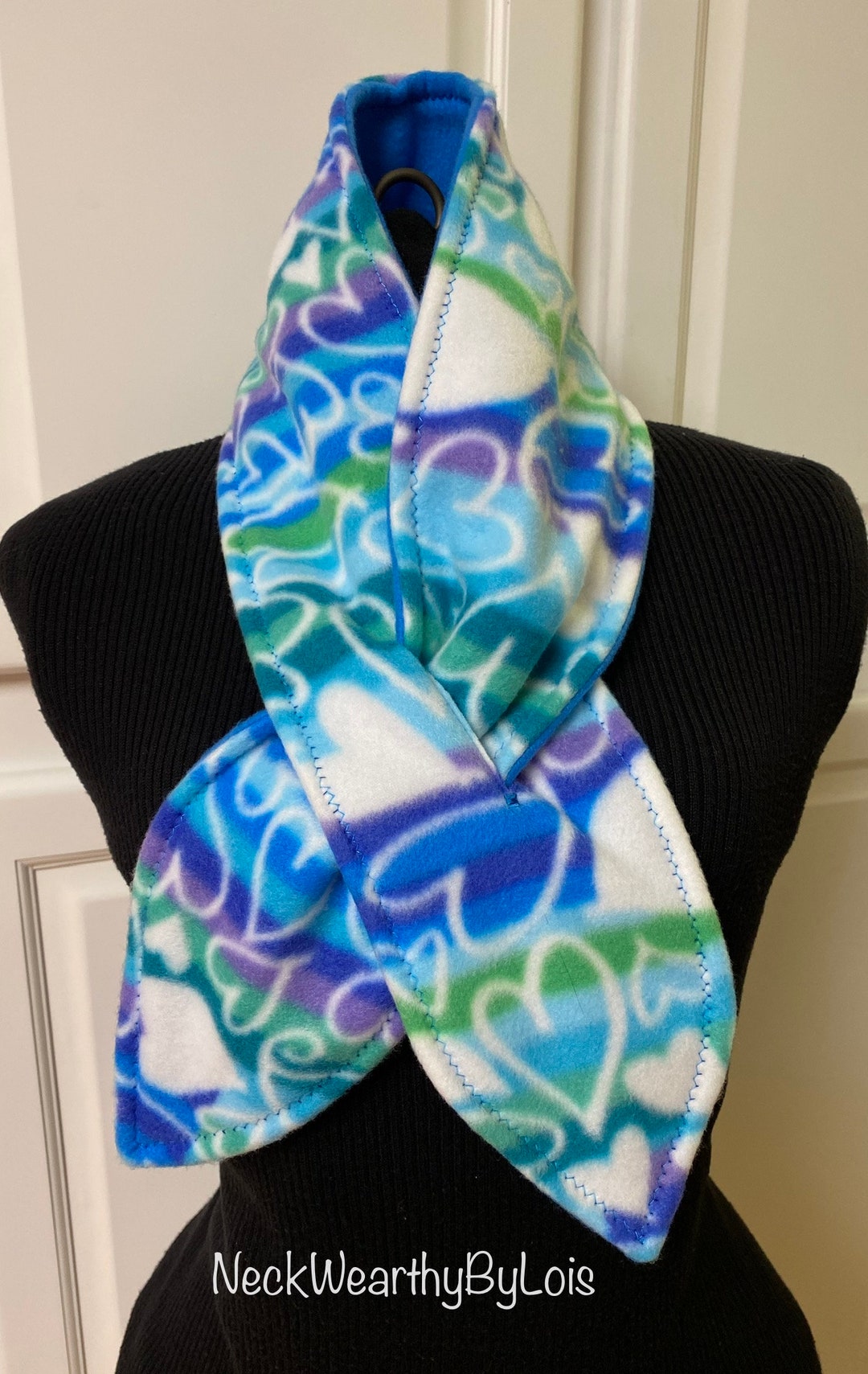 Fleece Scarf, Reversible Hearts on Multi Cool Colors and Solid Medium ...