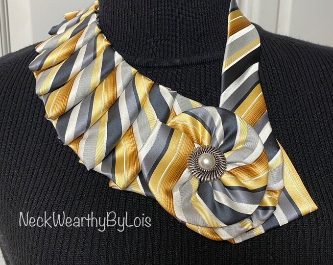 Necktie Necklace, Gold, Gray, Black, and White Collar Scarf, Repurposed ...