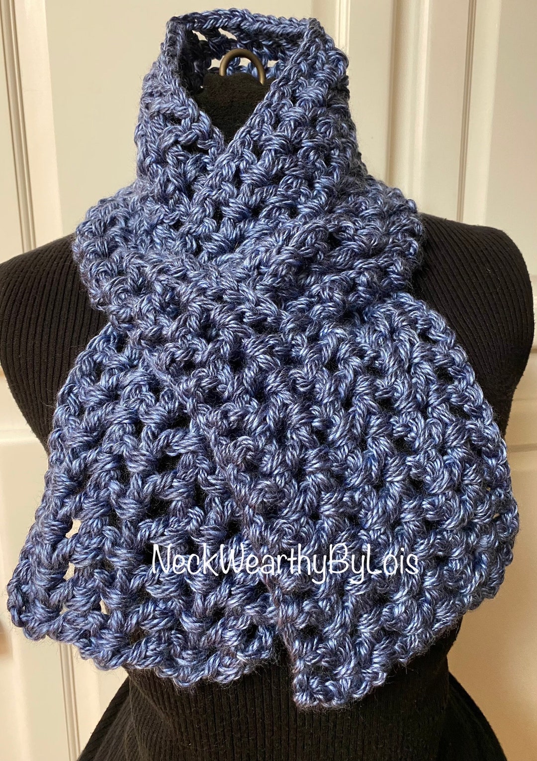 Blue Denim Bulky Crochet Winter Scarf, Handmade Crochet Keyhole Scarf ...