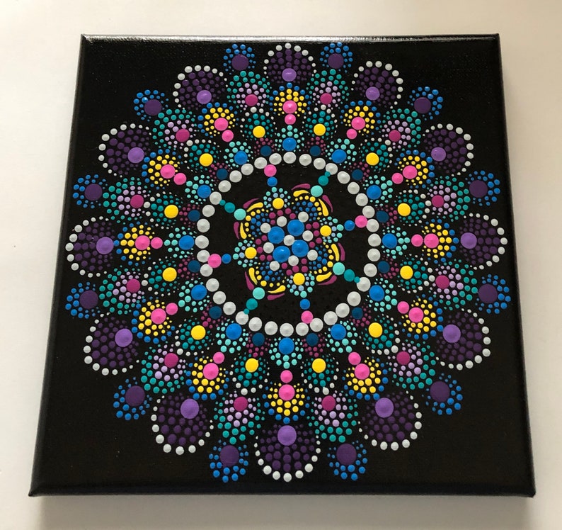 Hand painted Mandala stretched canvas 8x8 multicolored dotted | Etsy
