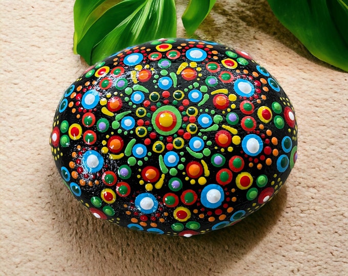 Unique Natural Stone Dot Art, One of a Kind Hand Painted Mandala Rock ...