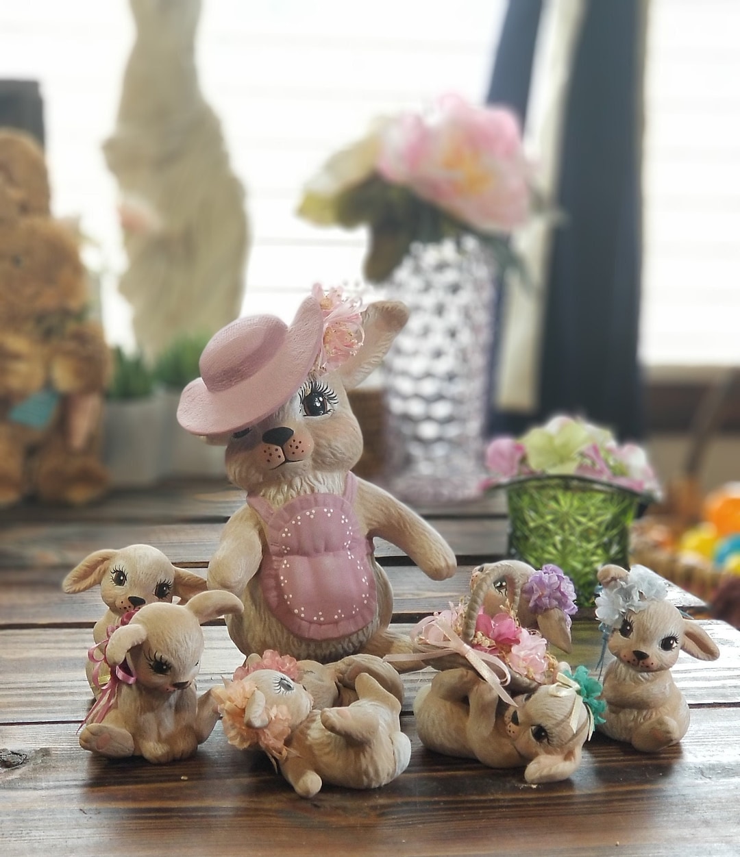 Vintage Hand Painted Ceramic Family of 8 Easter Bunny Figurines, Rabbit ...