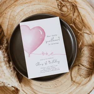 Editable Valentine's Heart Birthday Invitation, Sweetheart Balloon 1st ...