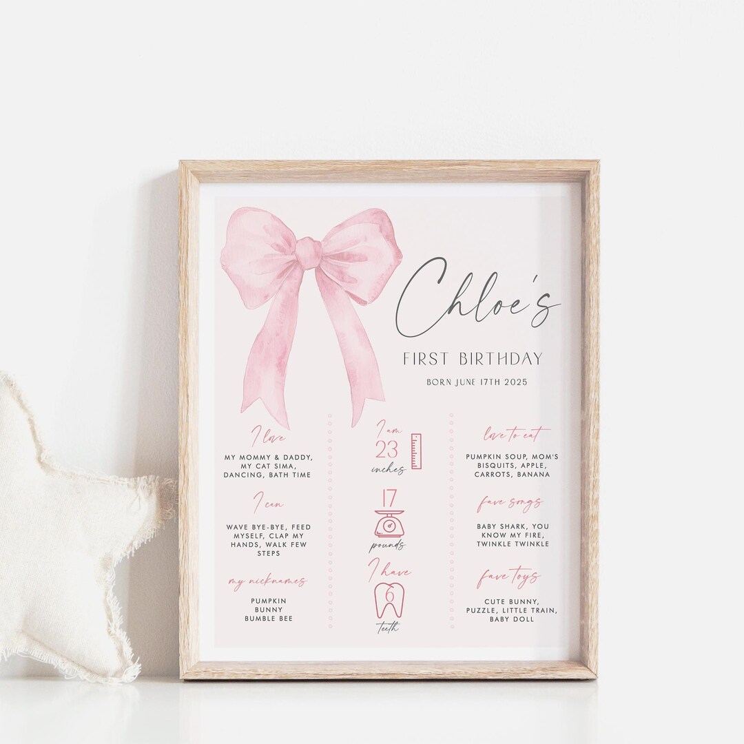 Pink Bow First Birthday Milestones Sign: Pastel Coquette My Firsts ...