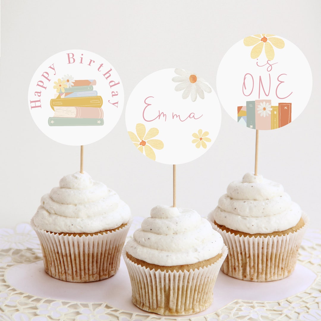 EDITABLE Storybook Birthday Cupcake Toppers, Book Stack Cake Toppers ...