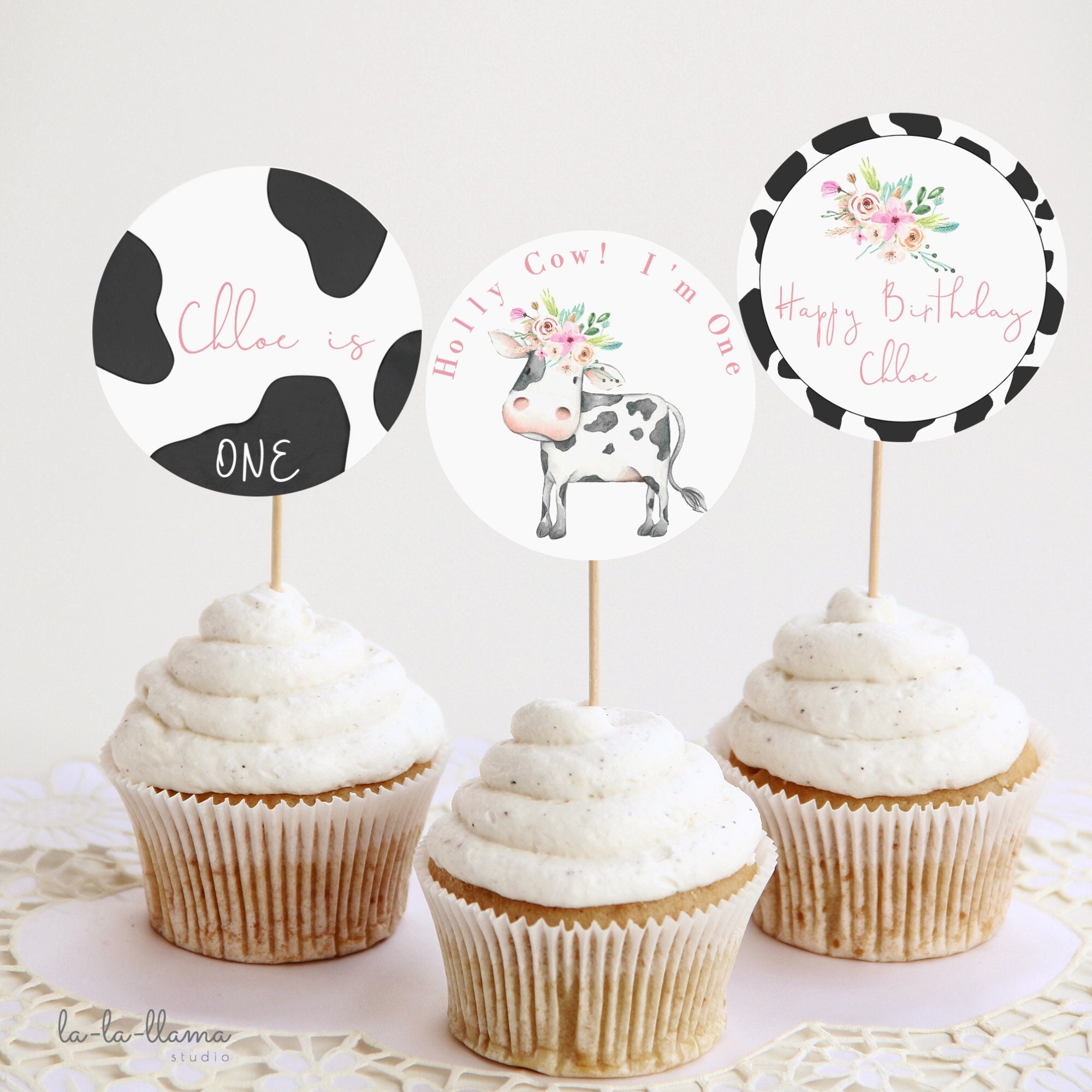 EDITABLE Cow Birthday Cupcake Toppers Holy Cow I'm One - Etsy