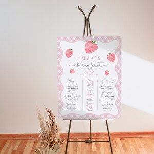 Berry First Birthday Milestones Sign Printable, Pink Gingham Strawberry ...