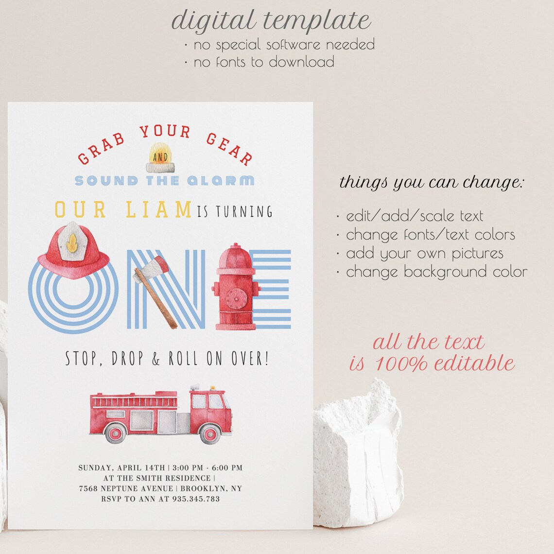 Firetruck 1st Birthday Invitation: Fire Department Digital Template ...